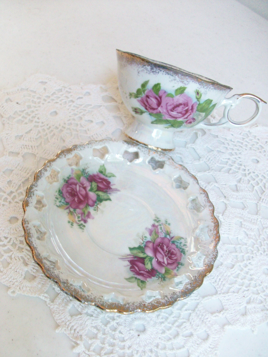 Lustreware Pink Floral Rose High Tea Cup and Saucer Gold Edge ...