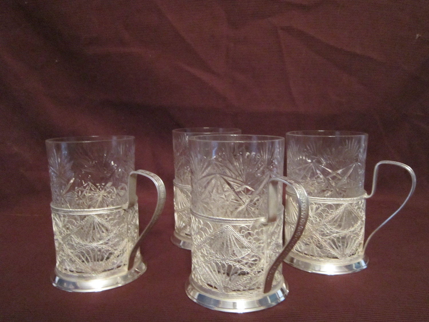 Old Russian Silverplate Filigree Tea Glasscup Holders With