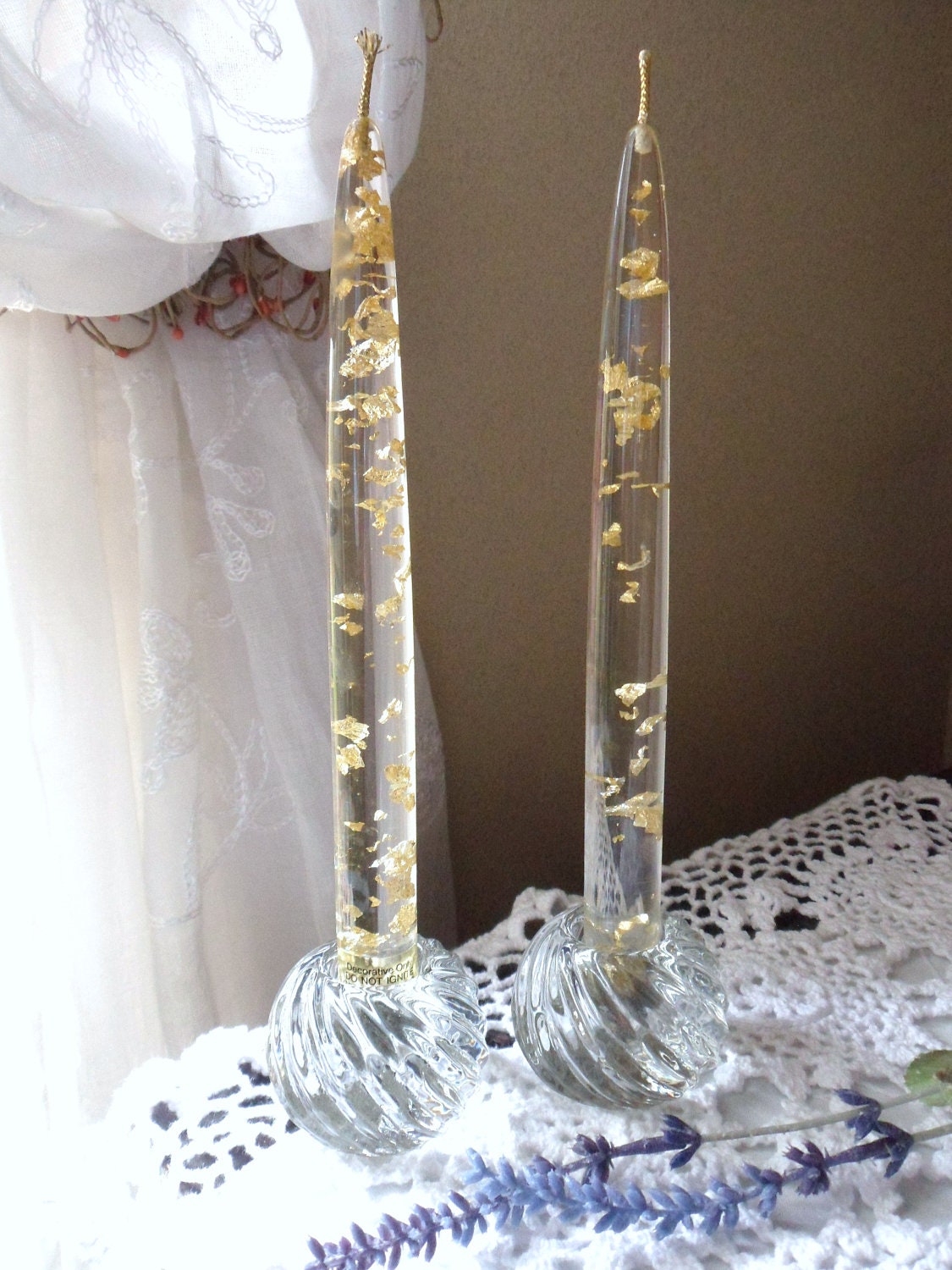 Clear Lucite Candles with Gold Flakes Confetti Candles