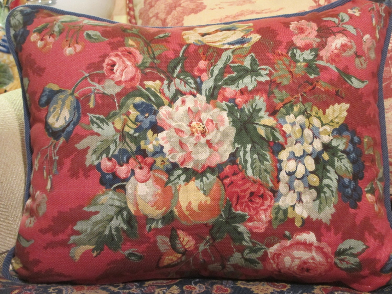 French Country Pillow Cover Red Floral Designer Throw Pillow