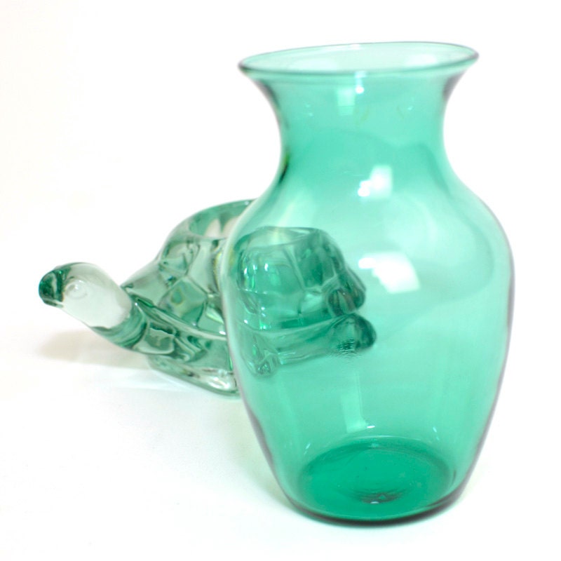 Aqua Glass Turtle Candle Holder and Blown Glass Vase Pair
