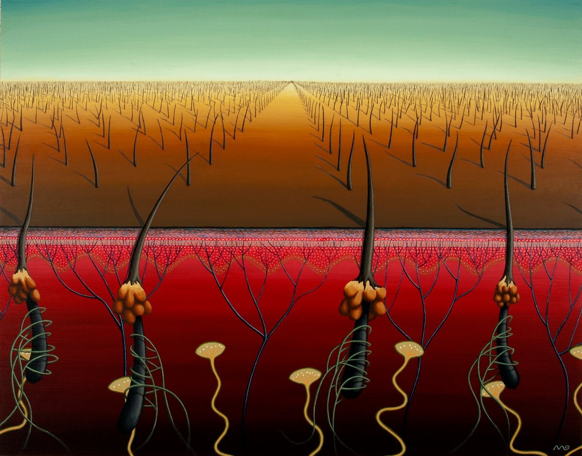 Surreal anatomical landscape. Print of painting Slice