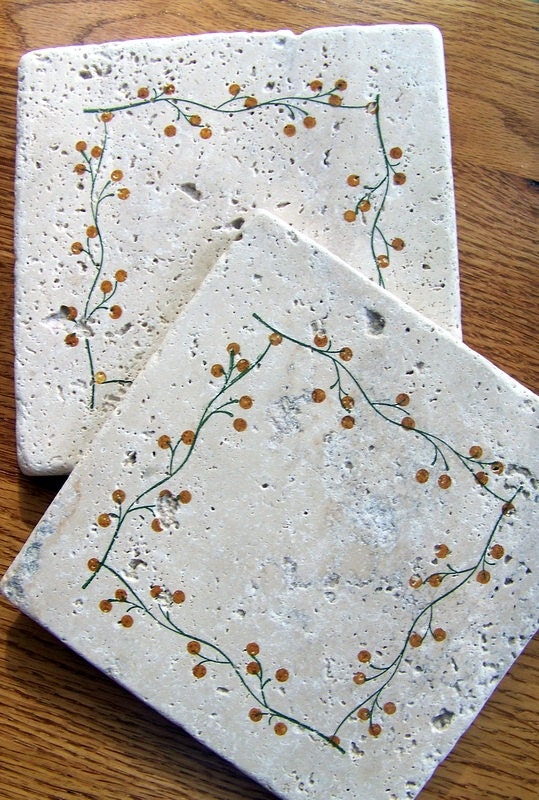 trivets rustic natural stone tumbled tile vine/berry
