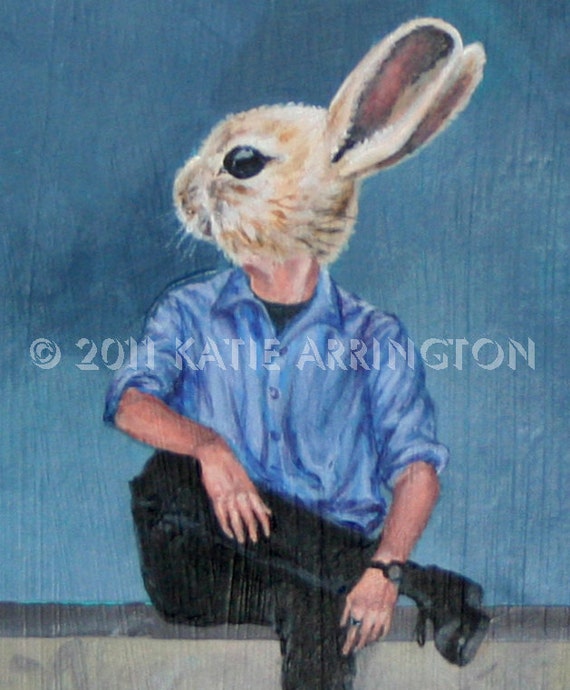 Items similar to Man with Rabbit Head ACEO Print of Original Acrylic ...