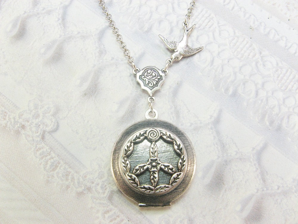 Silver Locket Necklace Peace Sign Locket Peace Locket