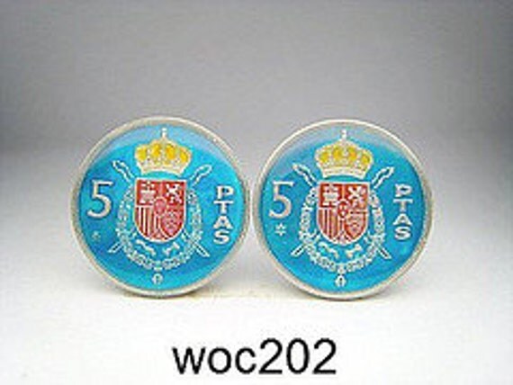 Spain enameled coin cufflinks 5 pesetas 22mm by wowcoin on Etsy