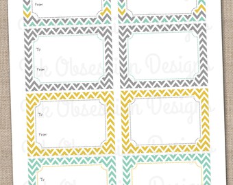 Aqua Blue Gold Yellow and Gray Chevron Stripes Printable Labels ...