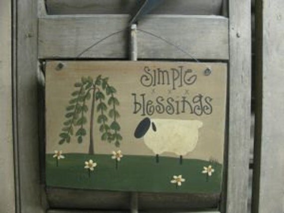 Primitive Simple Blessings Sheep and Willow Tree Sign GCC04810