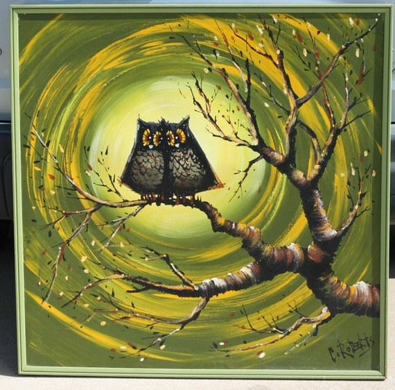Vintage Mid Century Modern C Roberts Mod Owl Painting by Modnique
