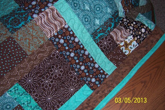 Teal and brown turning 20 queen size quilt