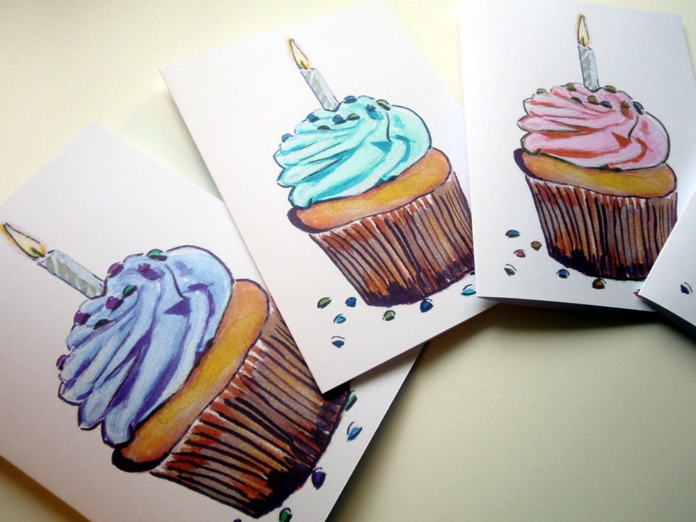 Cupcake with Candle Birthday Cards Set Watercolor Art