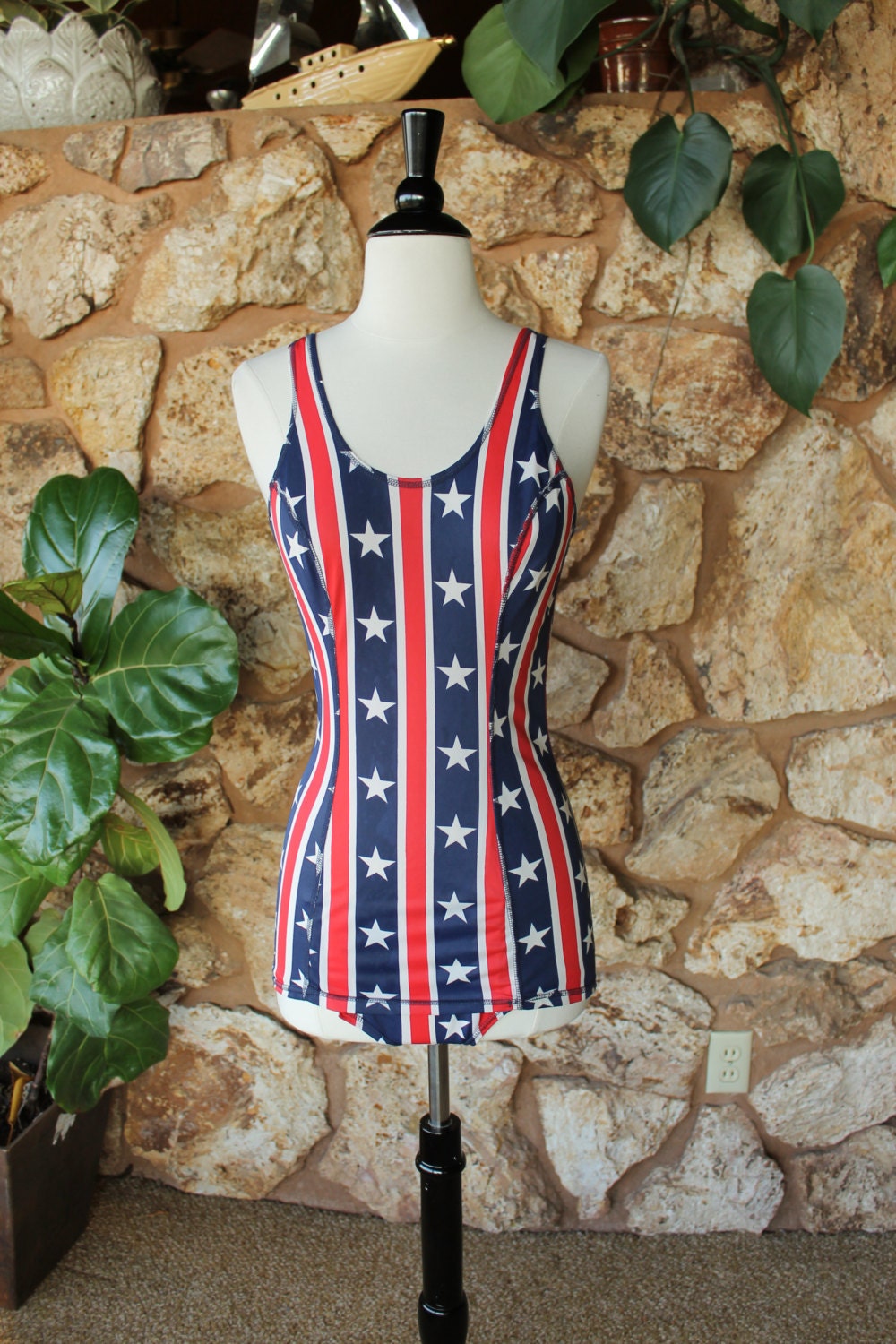 1970s Vintage Speedo Swimsuit // Red White and Blue Stars and