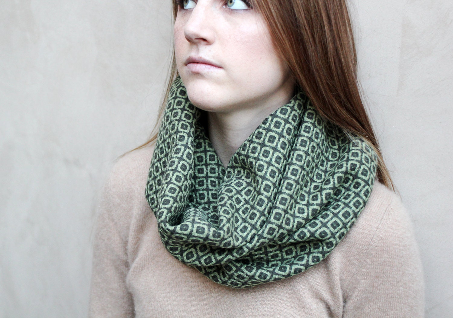 Circle Scarf Cowl Scarf Green Checkered