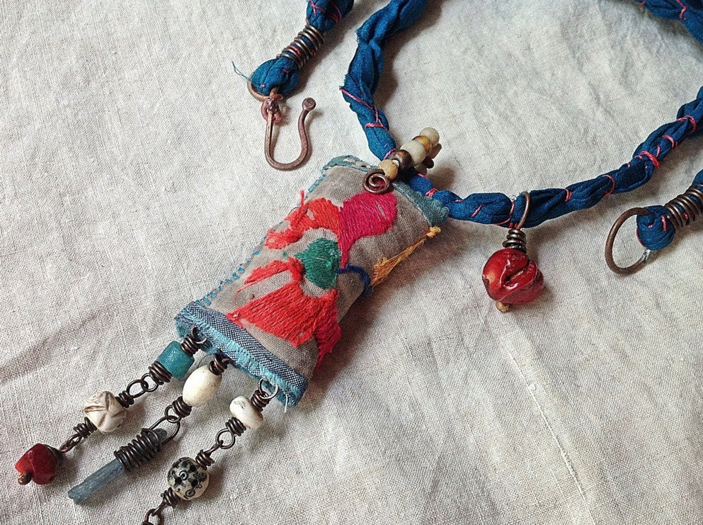 Gypsy amulet textile necklace with vintage embroidery coral