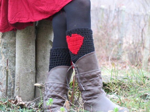Red Black Short Heart Knit Boot Cuffs. Heart Short by EmofoFashion