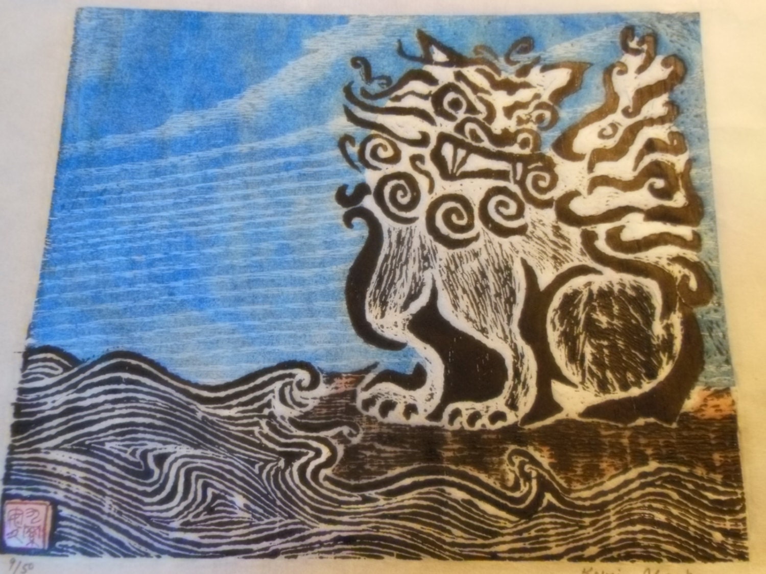 Okinawa Island Shisa hand carved woodblock print Japanese