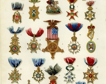 Antique color lthograph military badges 1896 julius bien printer