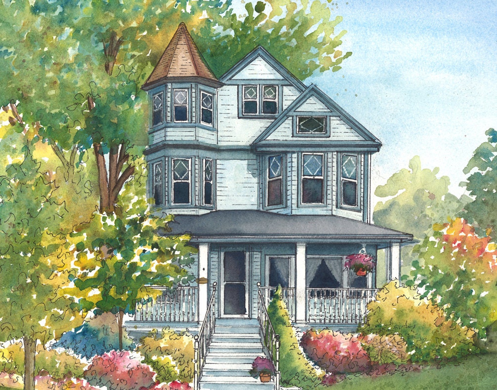 Custom House Painting in Watercolor Architectural sketch of