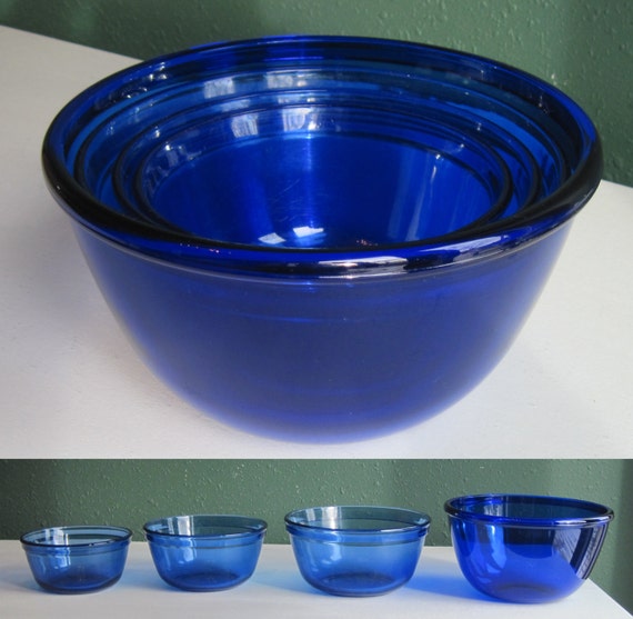 Set of 4 Anchor Hocking Pyrex Glass Cobalt Blue Nesting Mixing