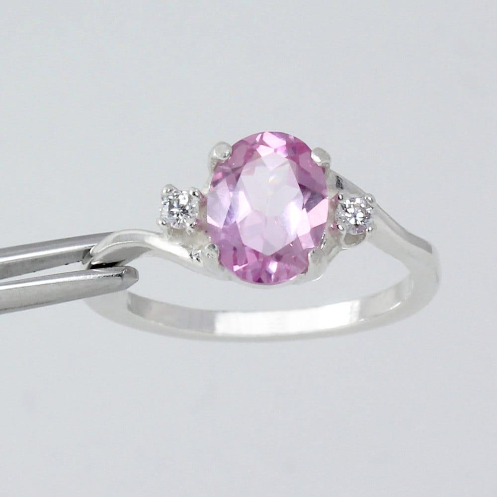 Pink Sapphire Sterling Silver Ring with Diamonds Lab