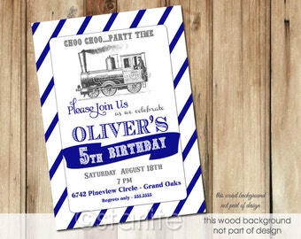 Train Birthday Party Invitation, Boy, Blue White Retro Train Invitation ...