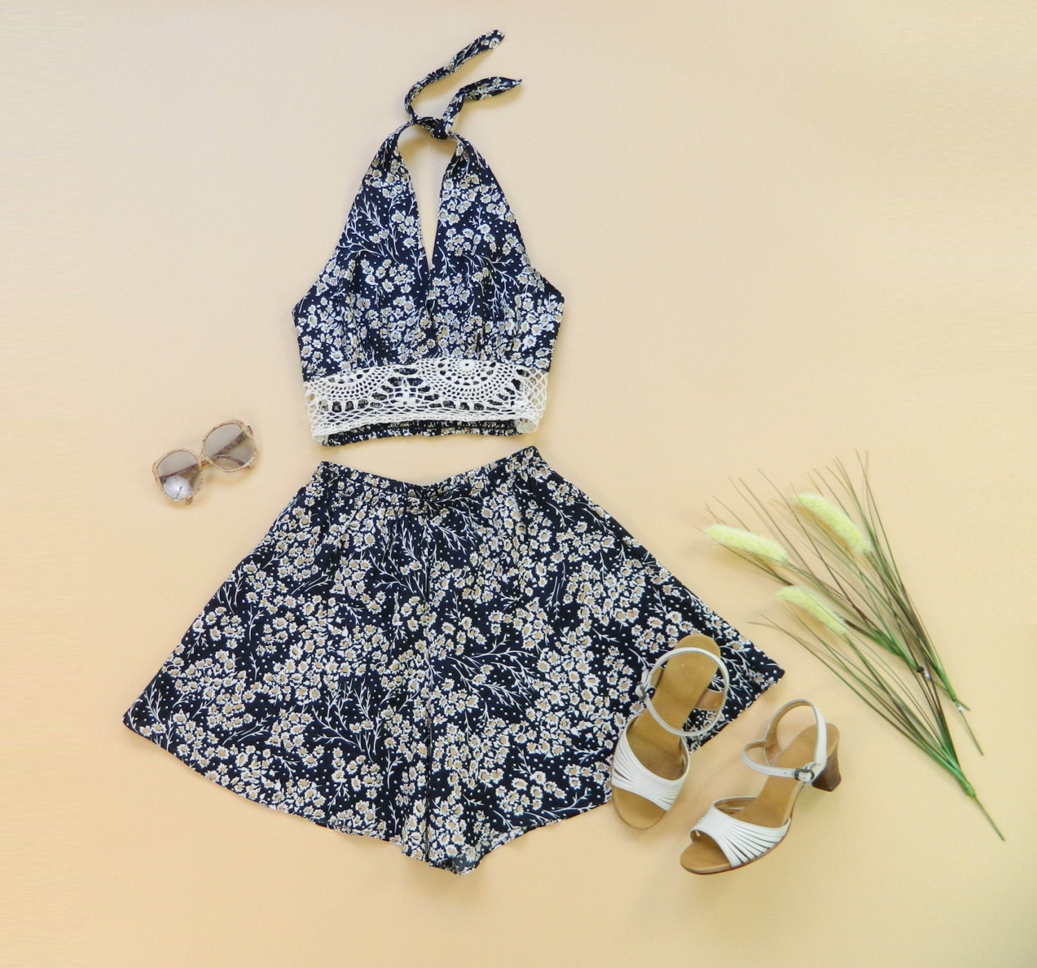 Halter Top and Shorts 2 Piece Set Crochet High Waist Black