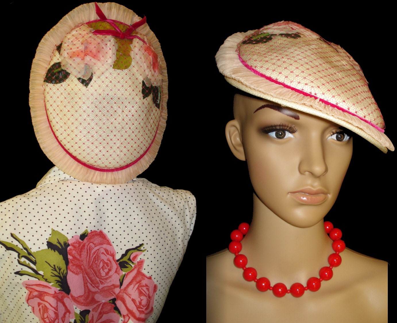 Vintage 1940s Hat Tilt Designer Roses Netting pleated Chiffon Elegant ...