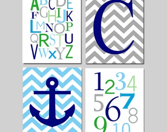 Navy Blue Lime Green Nursery Art Chevron Initial by Tessyla