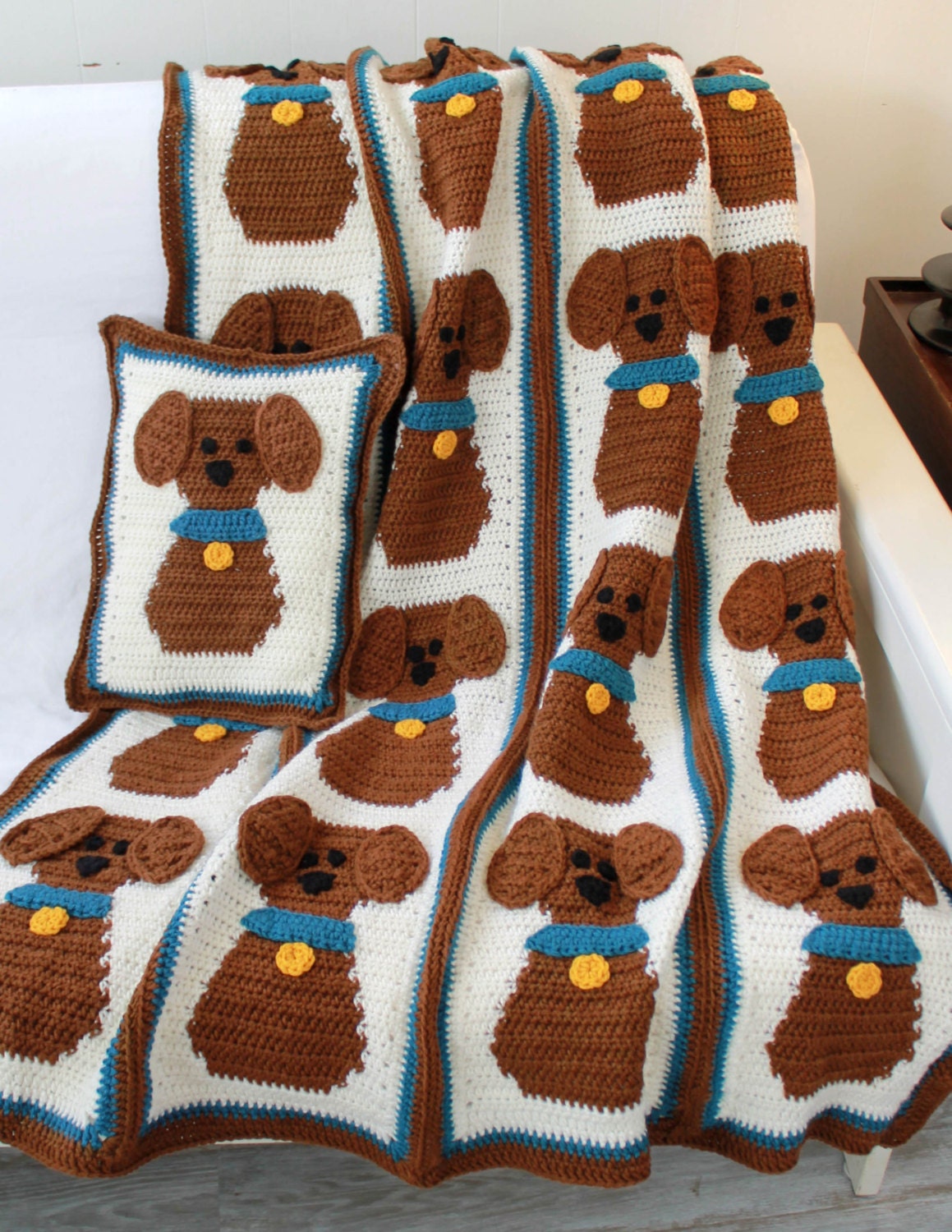 PA817 Puppy Love Afghan and Pillow Crochet Pattern PDF