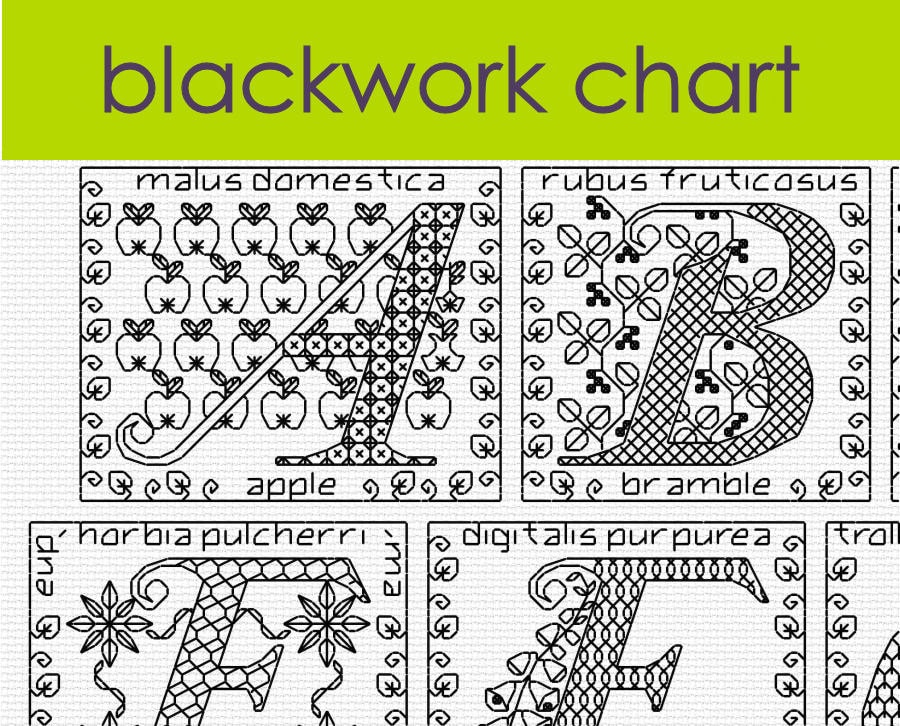 Blackwork Floral Alphabet Sampler Chart PDF CHART