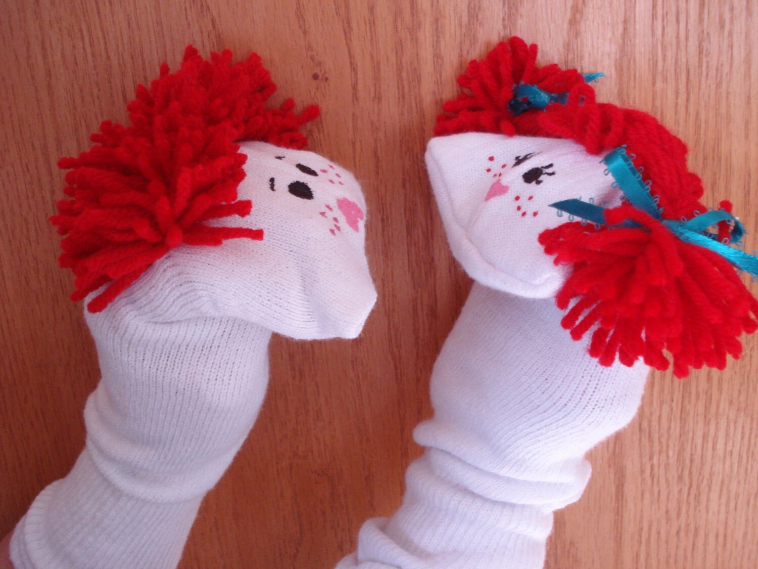 Set of 2 Sock Puppets Boy and Girl with red yarn hair daycare