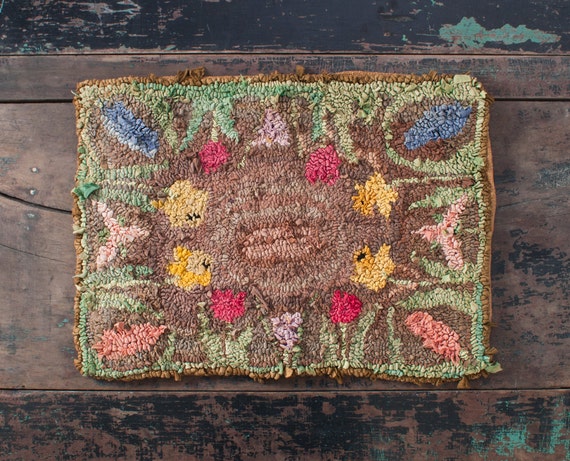Antique Hand Hooked Rug Folk Art Rug Garden Flowers