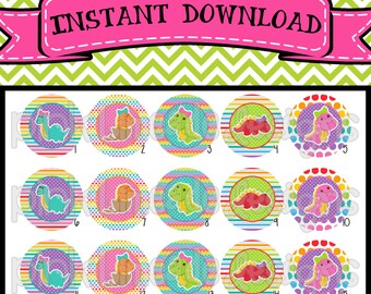 Cute Dinos - colorful dinosaurs with bows - INSTANT DOWNLOAD 1" Bottle ...