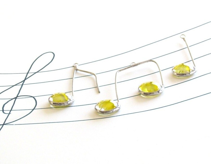 Glass Music Note Suncatcher Lemon Yellow Silver Ornament Set