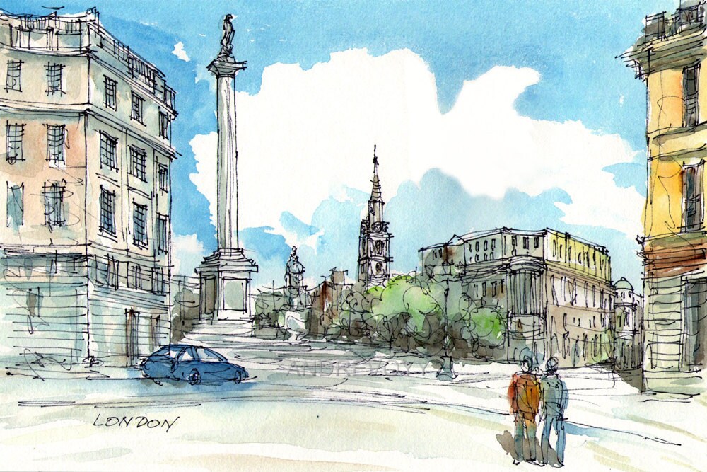 London Trafalgar Square art print from an original watercolor