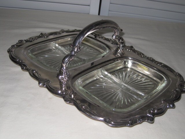 vintage Silverplate Serving Dish – glass inserts – decorative handle ...