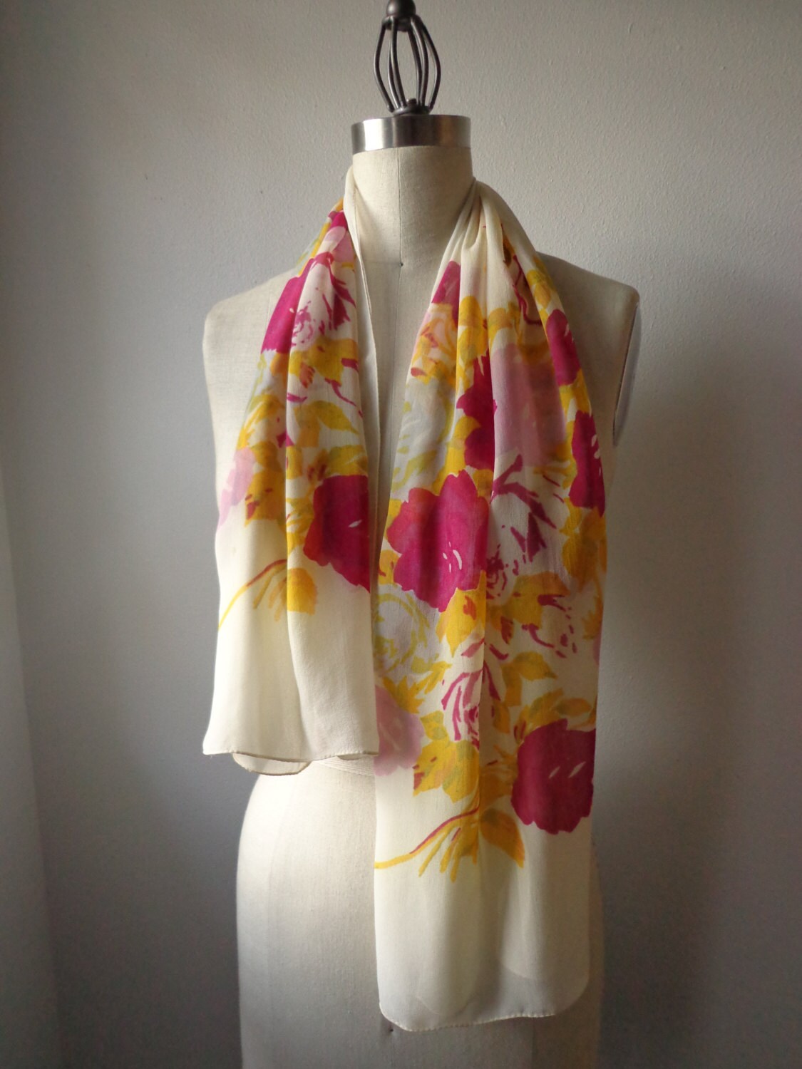 Vintage Scarf 1960s Silk Georgette Scarf Thin Sheer Off White with ...