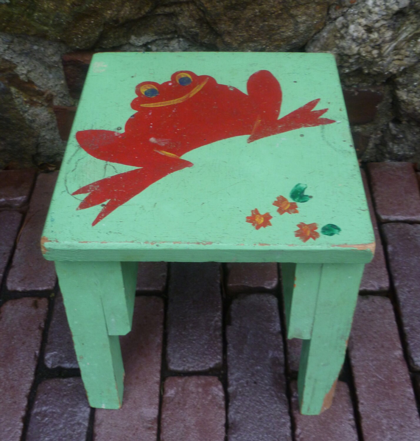 Wood Stool for Child or Porch. Painted Green with Red Frog. Vintage ...