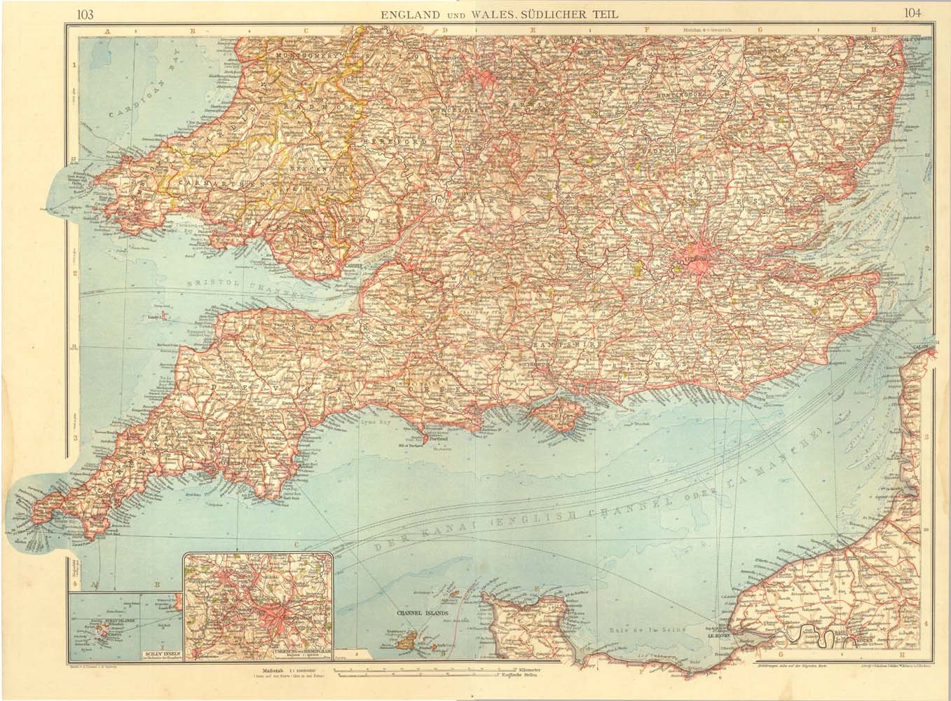 Map of Southern England and Wales 1922 Lithograph Antique