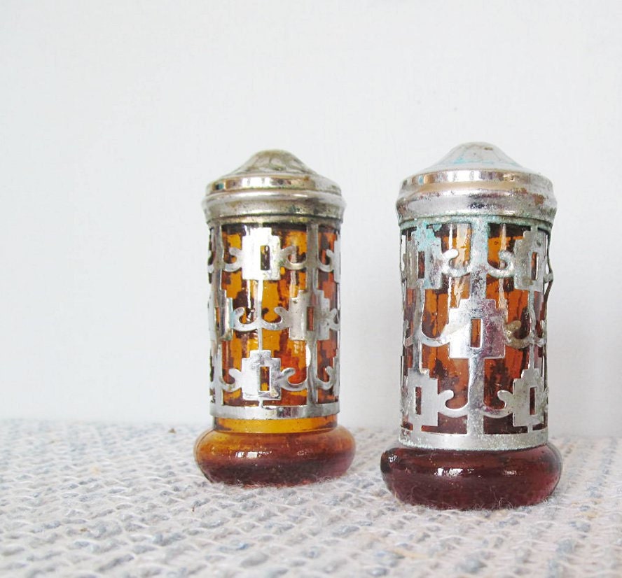 Vintage Amber Glass and Silver Salt and Pepper Shakers Moroccan Unique ...