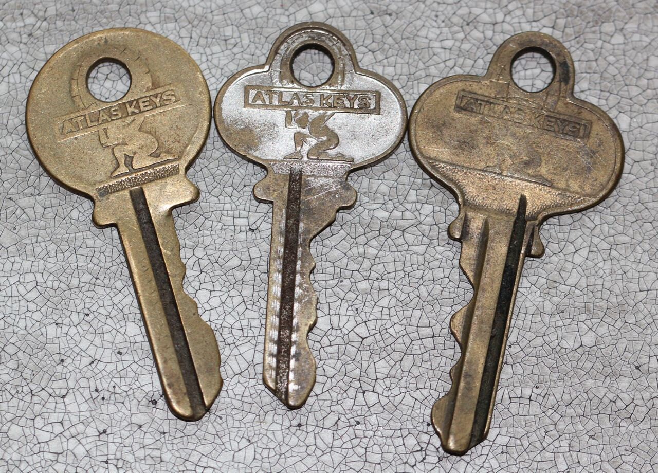 3 Antique/Vintage Brass Atlas Keys Altered Art Steampunk