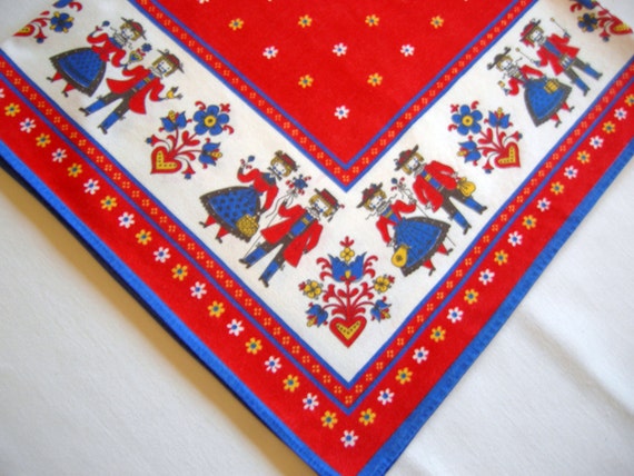 Lovely German Vintage Folk Art Red Printed Cotton Tablecloth