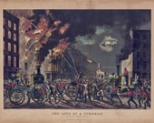 Items similar to Vintage 1800s Firefighter Illustration, "The Life of a ...