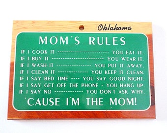 Vintage House Rules Sign Mom's Rules Mothers Day Souvenir sign 1960's ...