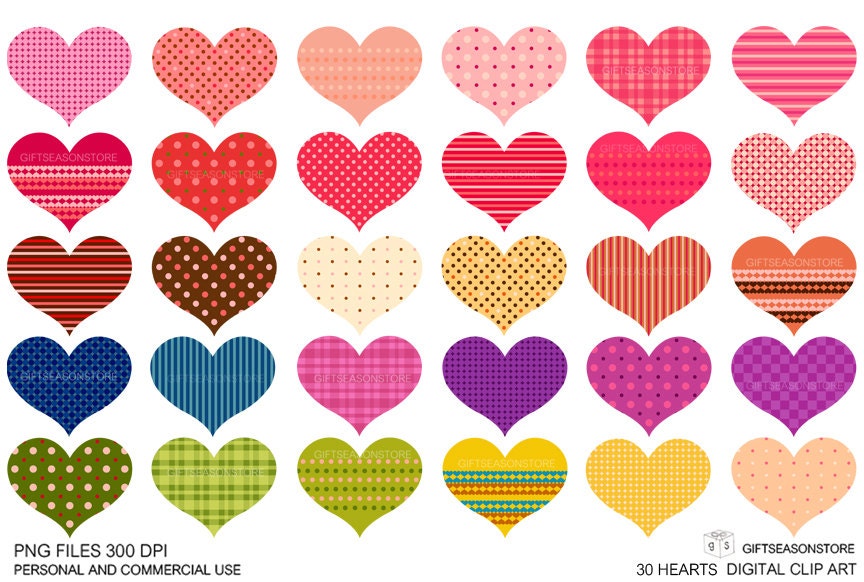 30 Hearts Digital clip art for Personal and by Giftseasonstore