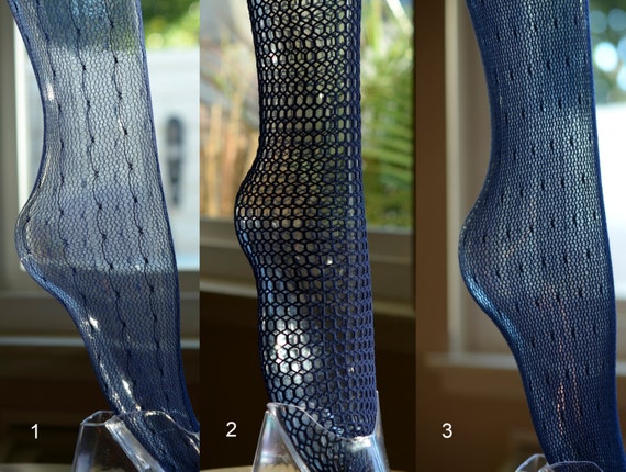 Vintage Thigh High Navy Blue Nylon Fishnet by JustheGoodStuff