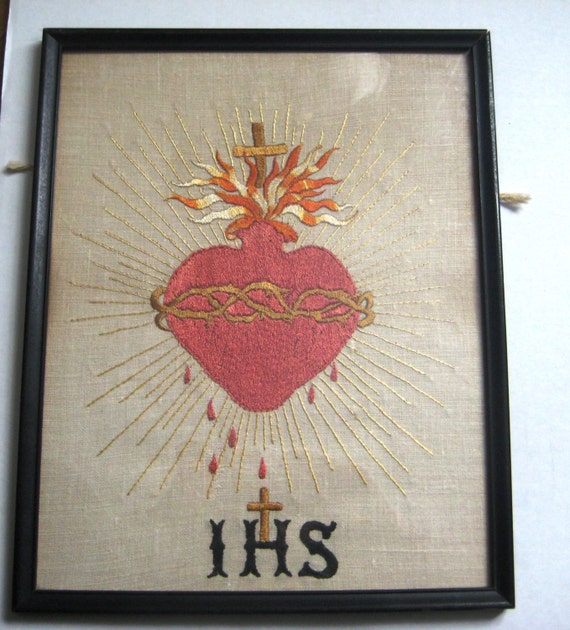 Antique Sacred Heart of Jesus IHS Silk Embroidery Needlework