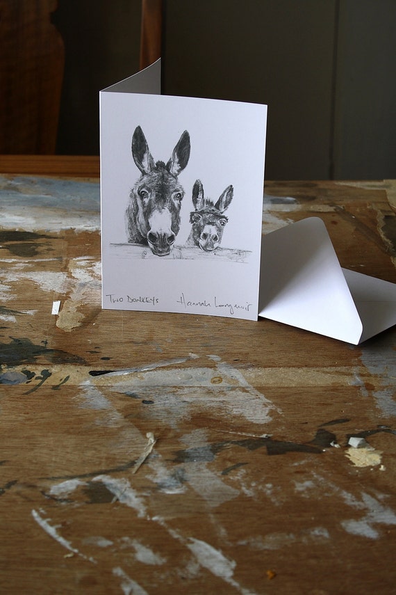 Blank Card Two Donkeys Pencil Drawing by HannahLongmuir on Etsy