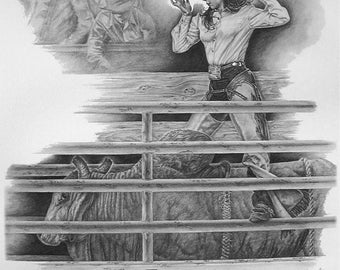Saddle Bronc drawing of a rodeo cowboy riding a bronc by notevena