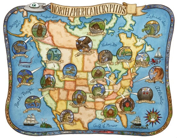North America Cryptids Map Art Print 8 x10